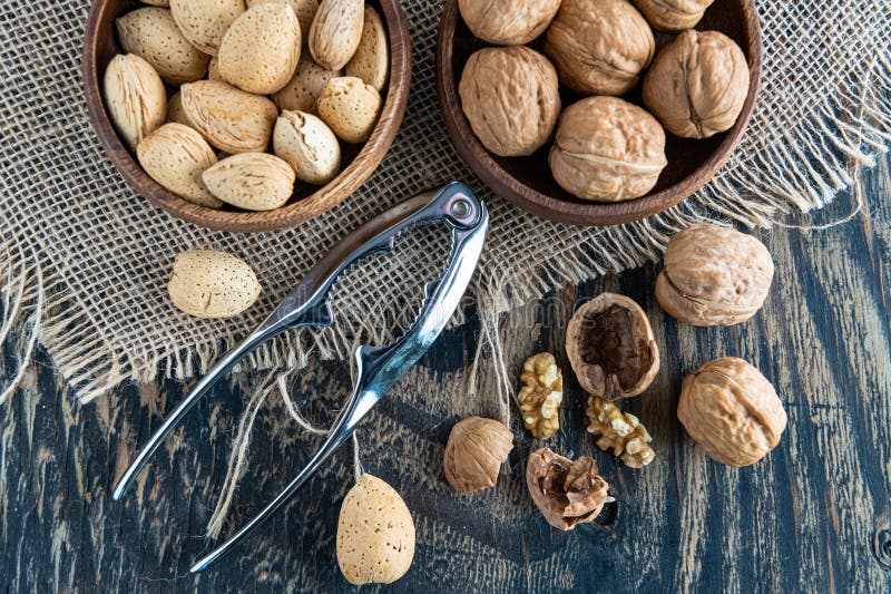 Nutcracker for Cracking Nuts and Assorted Nuts in a Wooden Bowls. Top ...