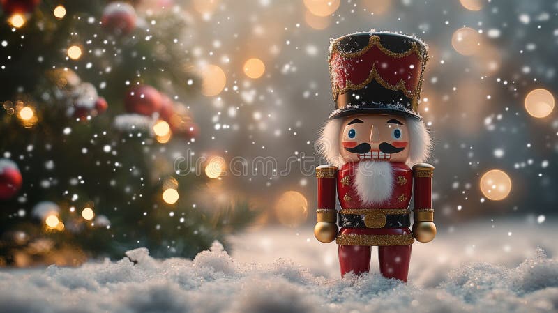 A Nutcracker Figurine Stands in Snow with a Blurry Christmas Tree and ...