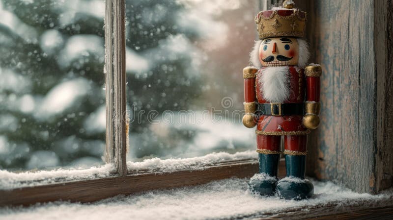 A Nutcracker Figurine Stands by a Snowy Window Stock Image - Image of ...