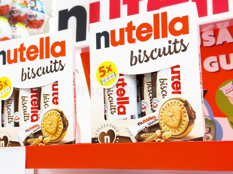 Nutella Biscuits Display on Red Shelf with Promotional Packaging ...