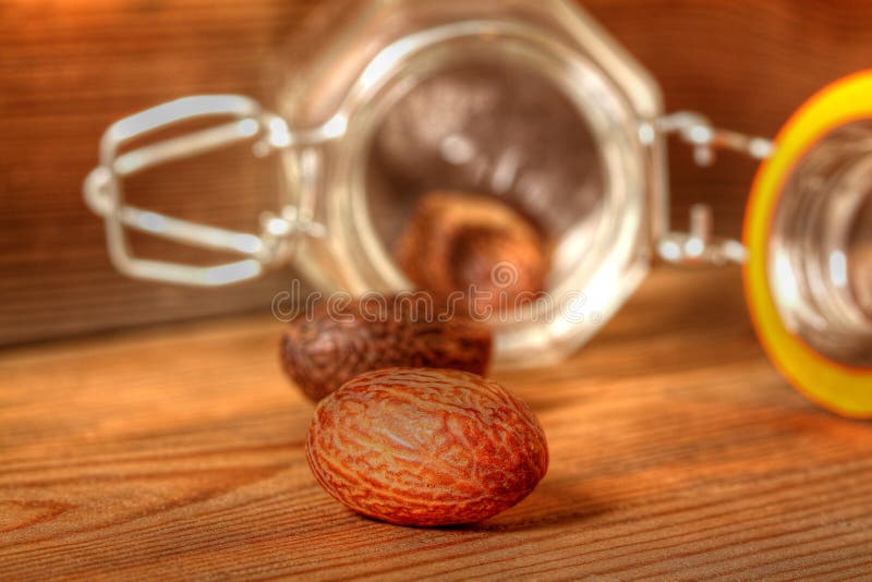 Nutmeg with jar 2 stock image. Image of seasoning, nutmeg - 24441179