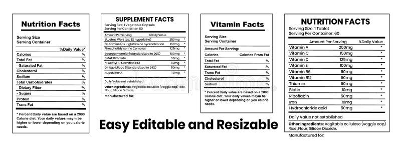 Supplement Fact, Vitamin Fact, and Nutrition Facts Label Illustration ...