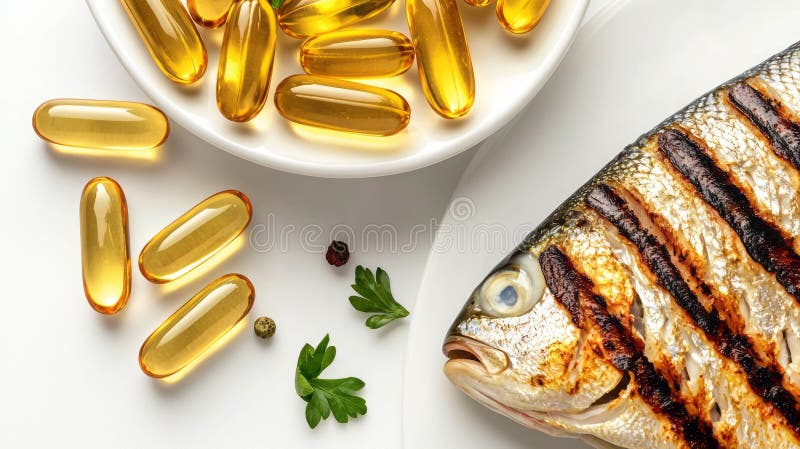 Nutritional Benefits of Fish Oil Capsules with Grilled Fish on White ...