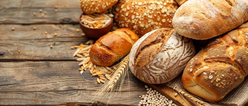 Nutritious Bread Variety Grains on Wood Kitchen Food Concept Stock ...
