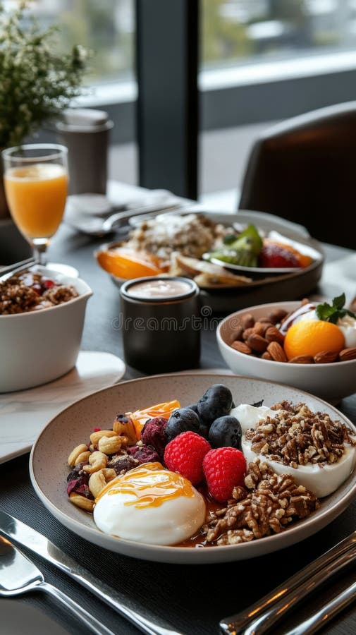 Nutritious Breakfast Spread with Yogurt, Nuts, Fresh Fruits, and Juice ...