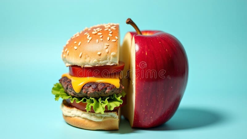 Nutritious Burger and Apple Split on Pastel Blue Backdrop Stock ...