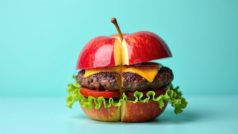 Nutritious Burger and Apple Split on Pastel Blue Backdrop Stock ...