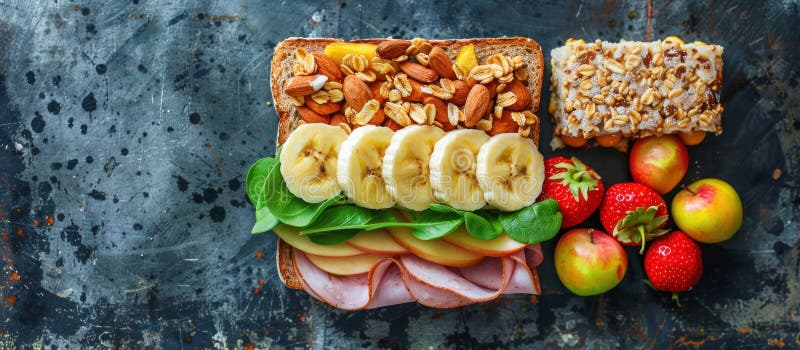 Nutritious School Lunch: Sandwich with Fruit and Nuts Stock Photo ...