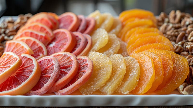 Nutritious Snack Display, White Plate Showcasing Vibrant Dried Mango ...