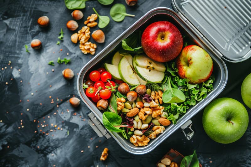 Nutritious Vegetarian Lunch Box with Salad, Assorted Nuts, and Apple ...