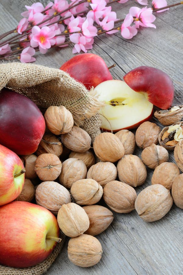 Nuts and apples stock image. Image of apples, wooden - 39636053