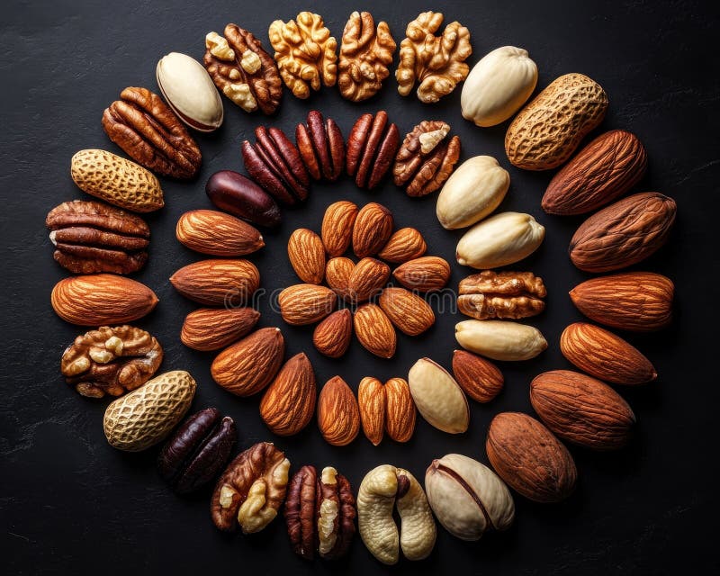 Nuts Arranged in an Artistic Spiral Composition on a Dark Surface with ...