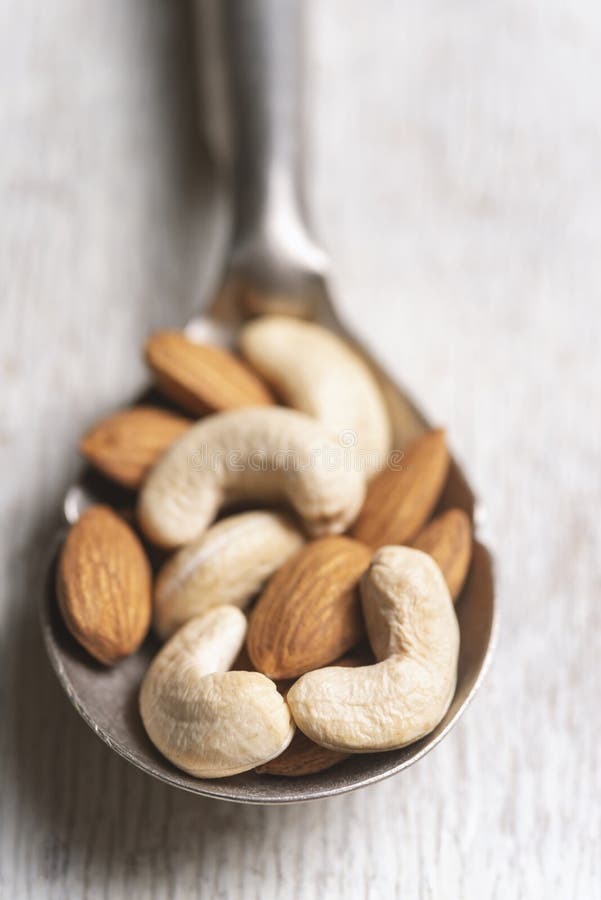 Nuts in Big Vintage Silver Spoon. Stock Photo - Image of metal, sweet ...