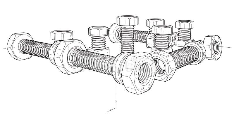 Nuts and Bolts Assembly Line Art Technical Drawing Stock Illustration ...