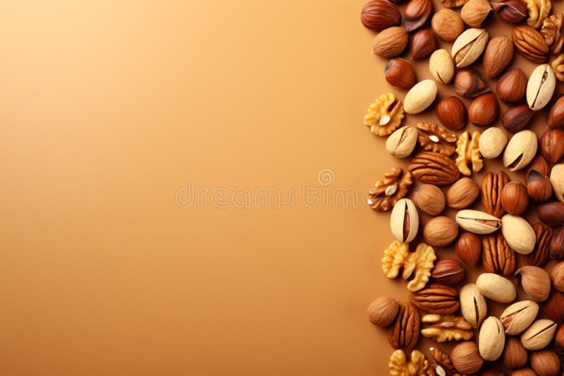 Nuts Displayed on a Light Brown Background with Text Space Stock ...