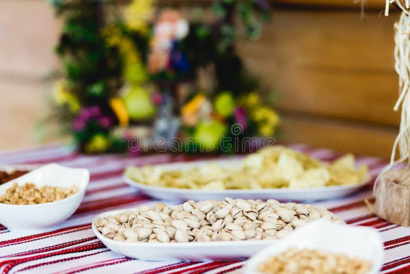 Nuts Lie in Different White Plates on the Buffet Stock Photo - Image of ...