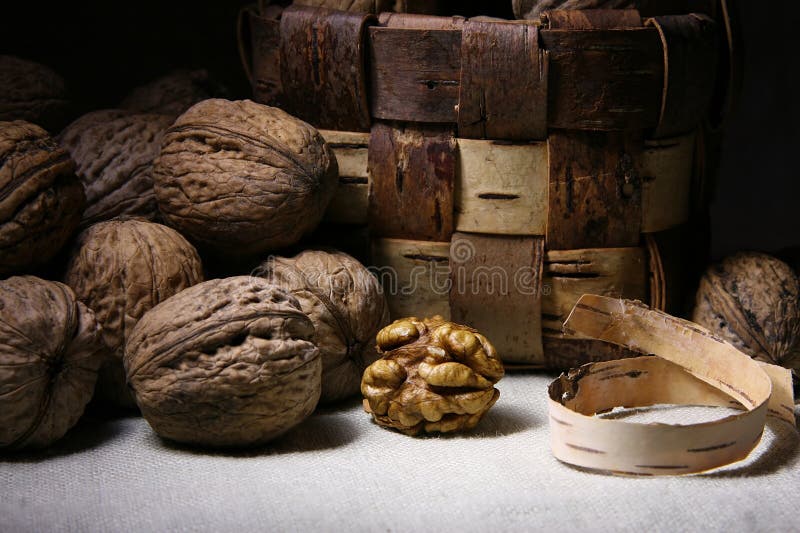 Still Life with Nuts in Shells and a Basket Stock Photo - Image of ...