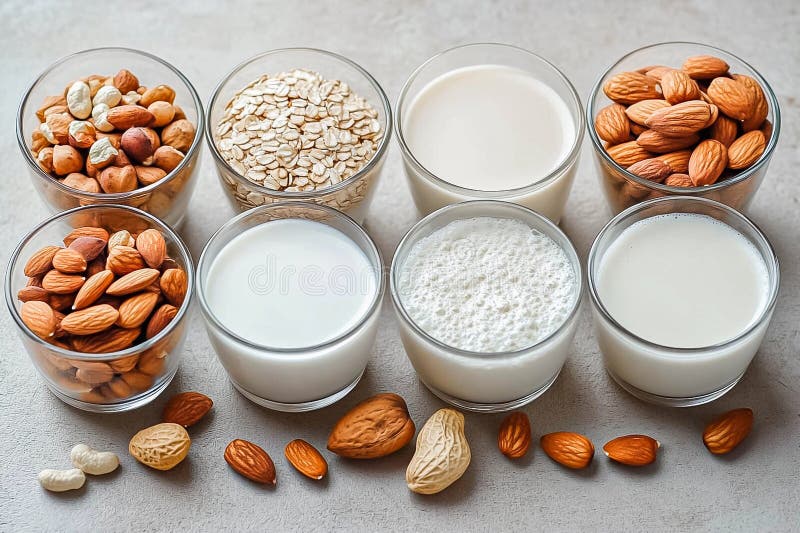 Nuts and Plant-based Milk Varieties Displayed on a Table, Healthy ...
