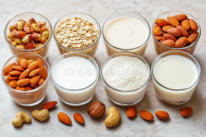Nuts and Plant-based Milk Varieties Displayed on a Table, Healthy ...