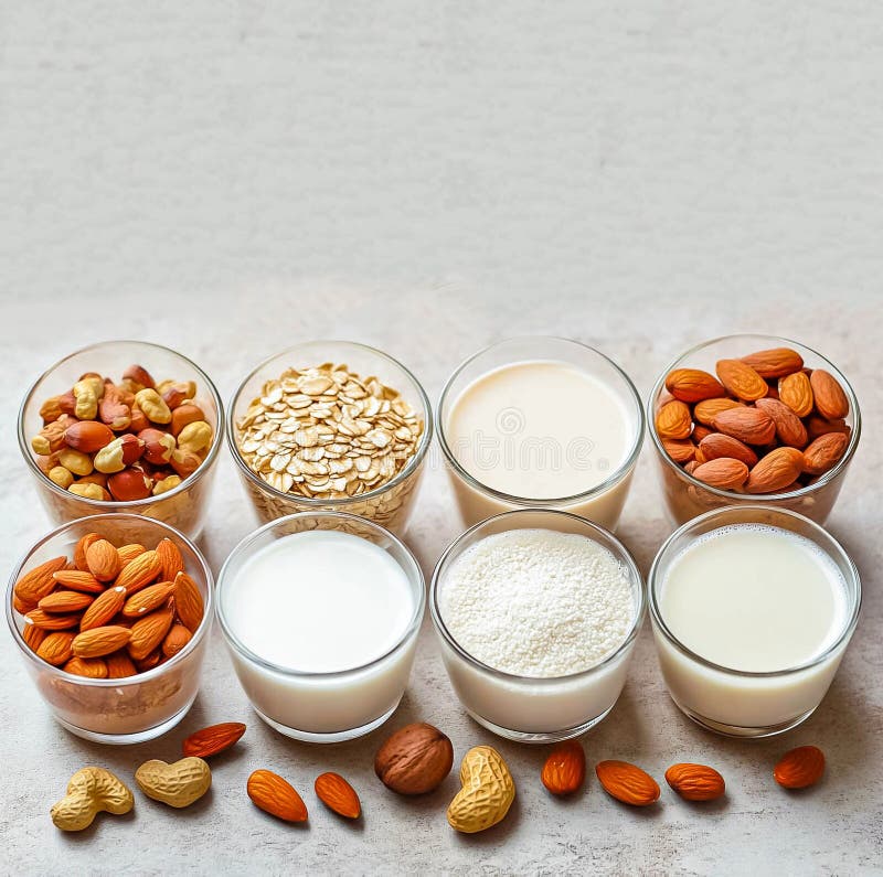 Nuts and Plant-based Milk Varieties Displayed on a Table, Healthy ...
