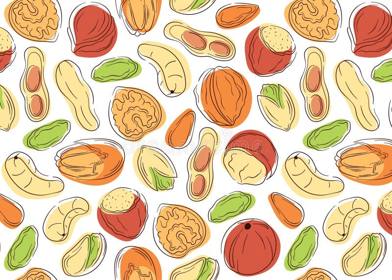 Nuts Seamless Pattern in Line Art, Flat Style. Pistachios, Hazelnut ...