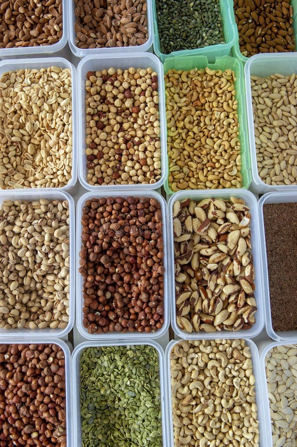 Nuts and Seed Collection in the Market Plastic Box Stock Photo - Image ...