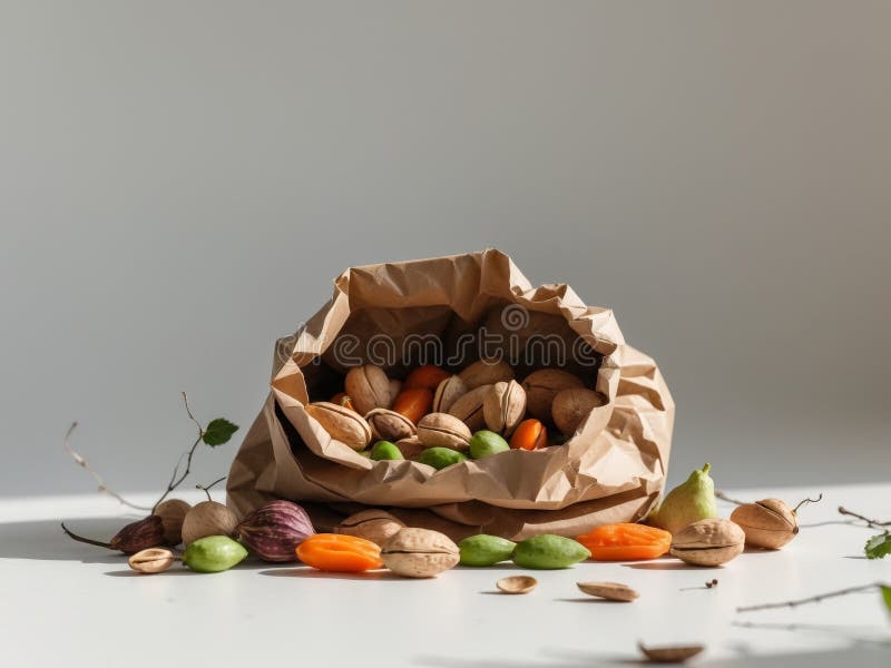 Nuts and Vegetables Spilling Out of a Brown Paper Bag Still Life Stock ...