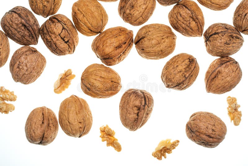 Nuts Whole and Open Falling. Isolated on White Background Stock Photo ...