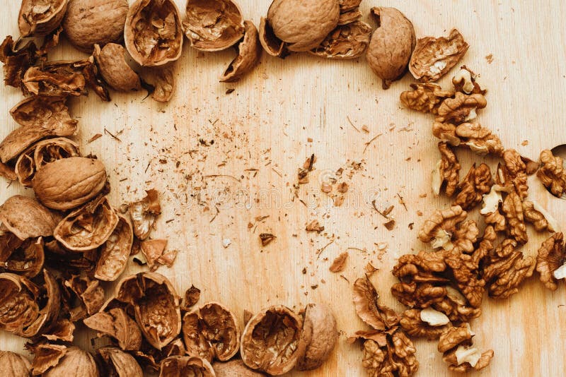 Walnuts, Broken Shells. Nut Kernels on a Wooden Board. Close Up ...