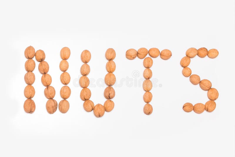 Nuts Word Laid Out from Walnuts on White Background, Isolated Stock ...