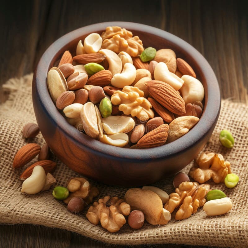 Nutty Composition Wooden Cup with Mixed Nuts on Burlap Fabric Stock ...