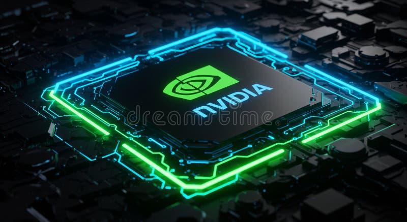 NVIDIA Logo on a Black Microchip, Surrounded by Intricate Blue and ...