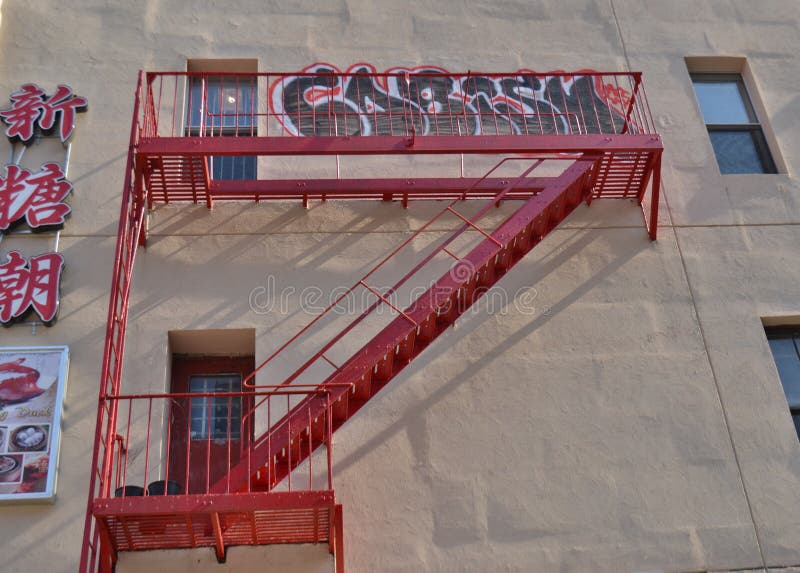 NYC Chinatown Background Red Fire Escape Chinese Characters on Building ...