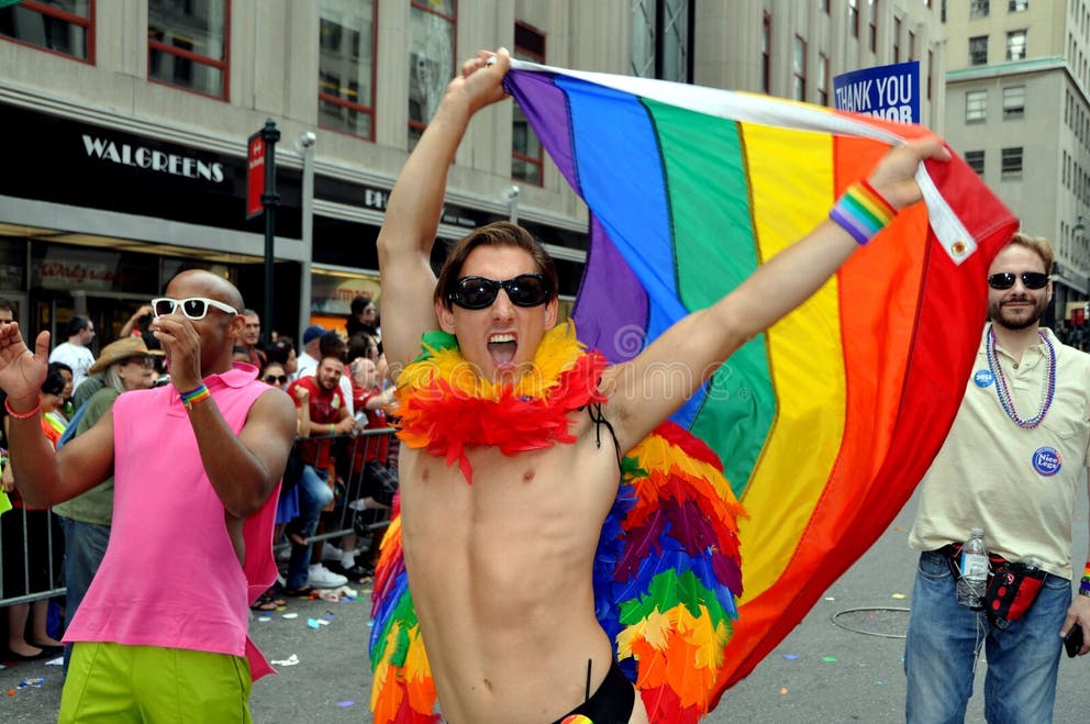 NYC: Exuberant Man with Rainbow Flag Editorial Photography - Image of ...