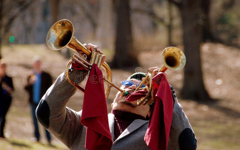 NYC: Musician Playing Two Trumpetds Editorial Image - Image of central ...
