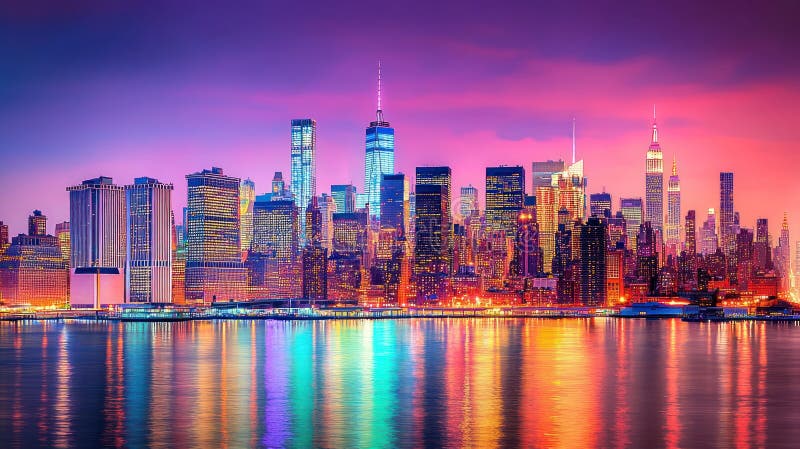 NYC Skyline Glowing at Sunset Stock Photo - Image of outdoor, vibrant ...