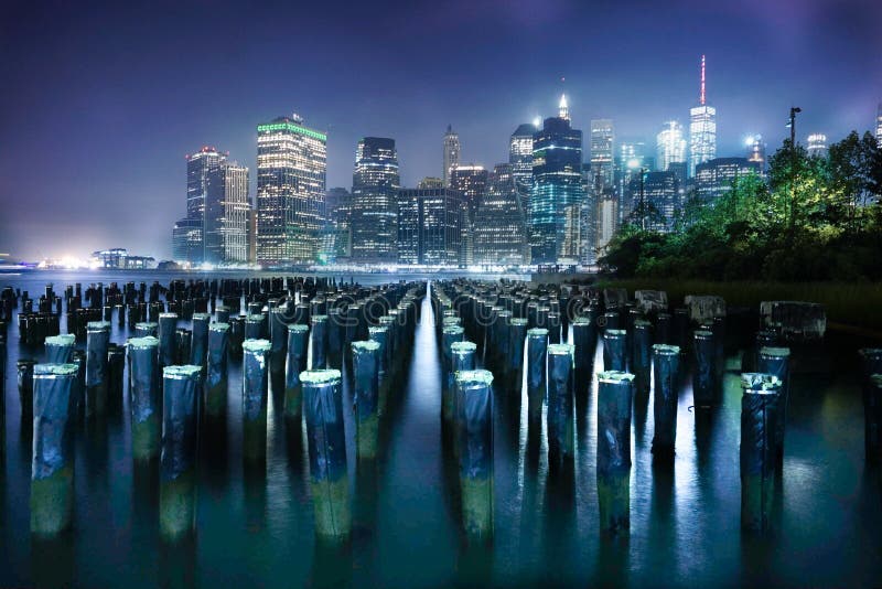 NYC Skyline at Night in Blue Tones Stock Photo - Image of night ...