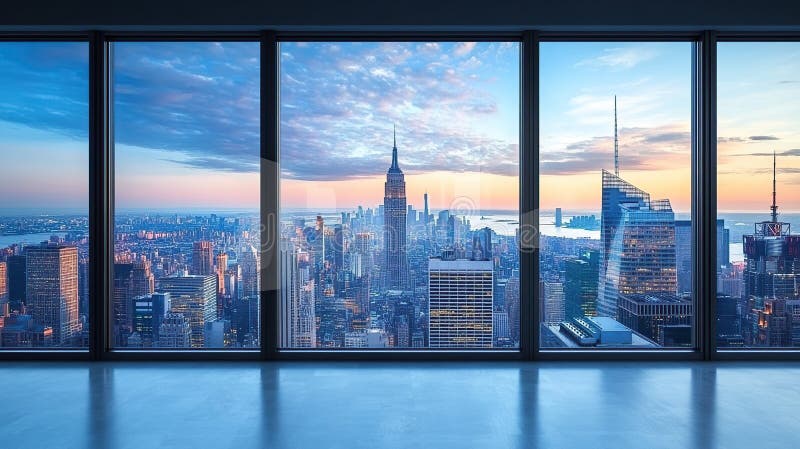 NYC Skyline Viewed through High-Rise Windows at Sunset Stock ...