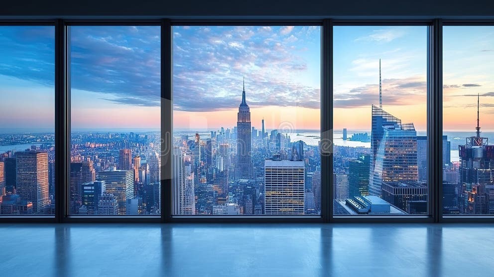 NYC Skyline Viewed through High-Rise Windows at Sunset Stock ...