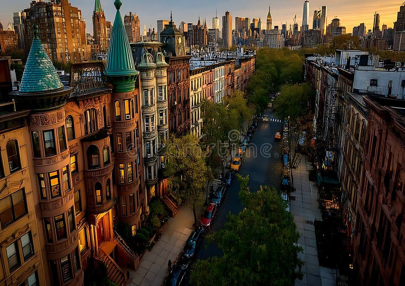 NYC Street Sunset Panorama stock photo. Image of houses - 378566360
