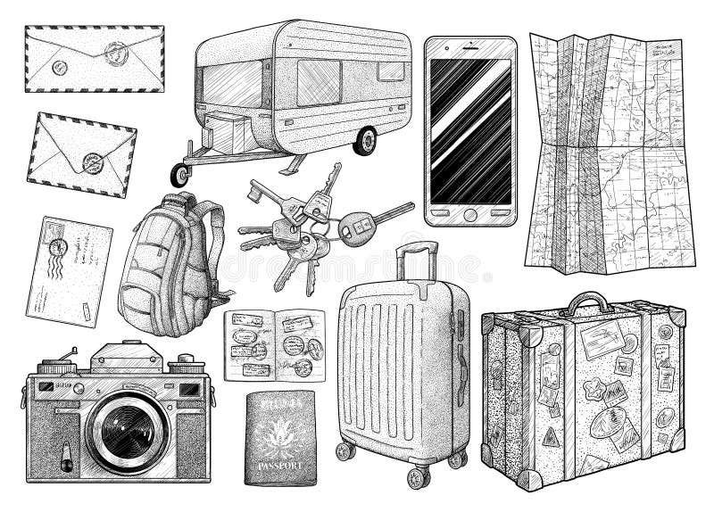 Travel Equipment Collection, Illustration, Drawing, Engraving, Ink ...