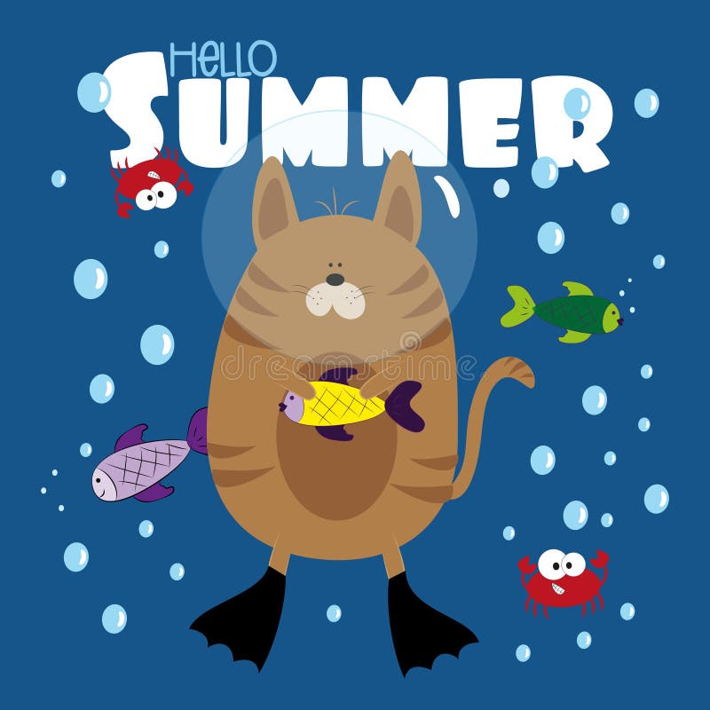 Hello Summer Text- with Funny Cat and Fishes, and Cute Crabs, in Sea ...