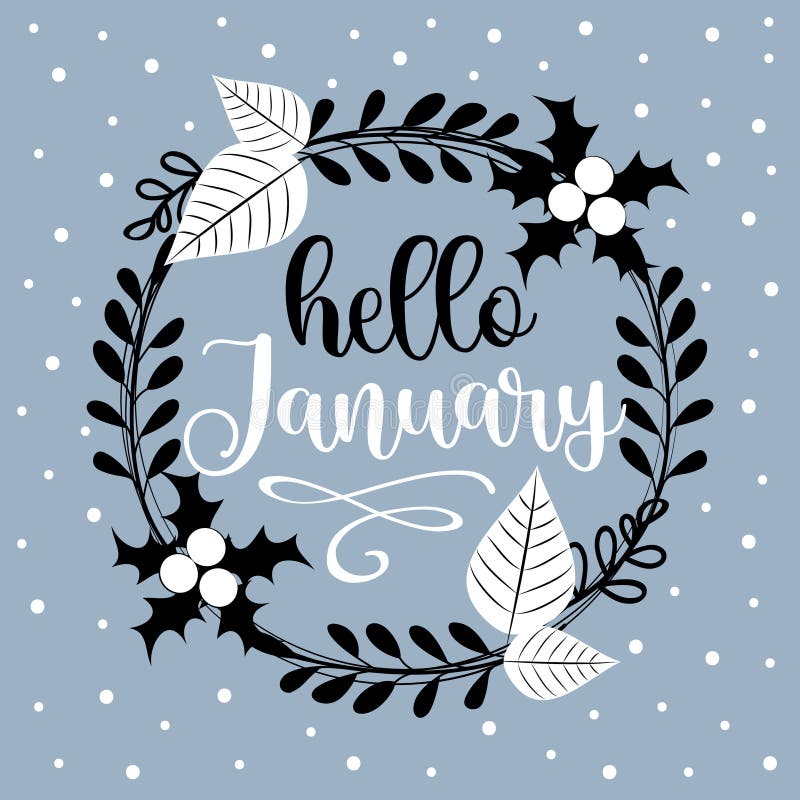 Hello January- Wreath with Leaves and Mistletoe on Blue Snowy ...