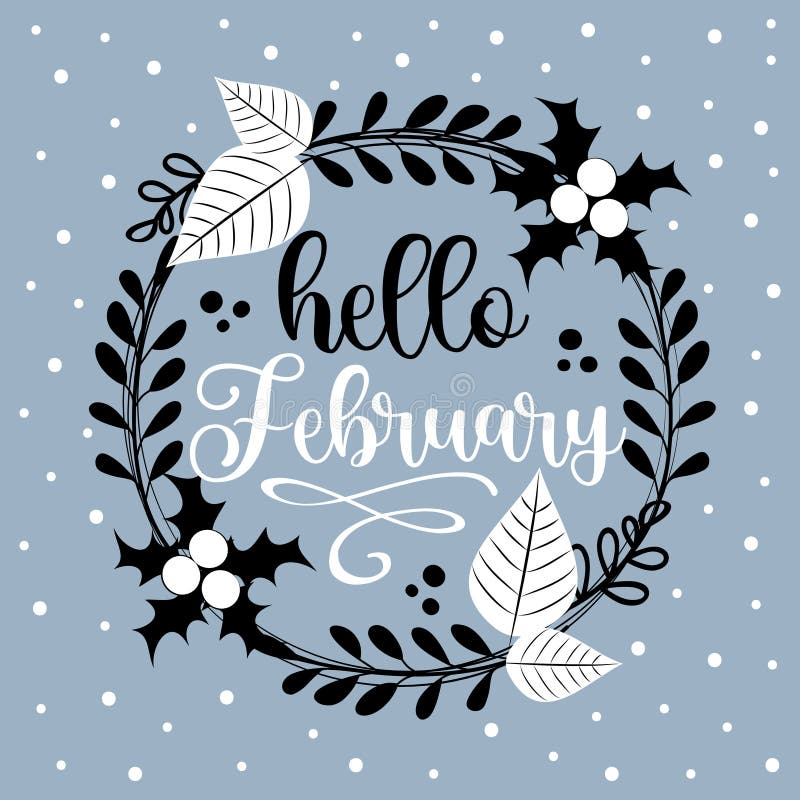 Hello February - Wreath with Leaves and Mistletoe on Blue Snowy ...
