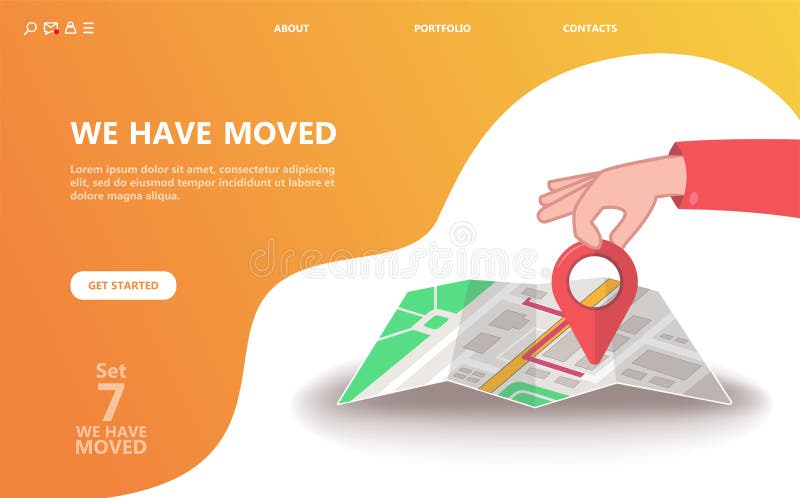 We Have Moved. Cartoon Character Woman Looks at a Map Location Stock ...