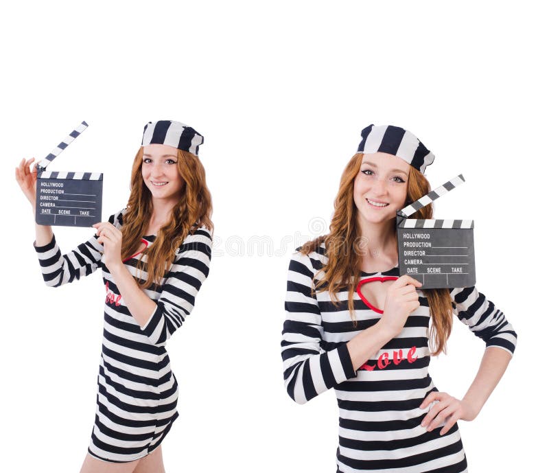 O Mulher-prisioneiro Novo Com a Placa Do Filme Isolada No Branco Foto ... O Mulher-prisioneiro Novo Com a Placa Do Filme Isolada No Branco Foto ...