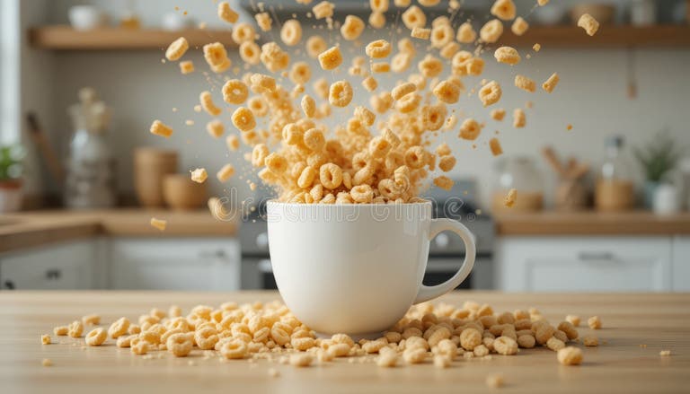 O-Shaped Cereal Exploding from a White Mug in a Kitchen Stock Photo ...