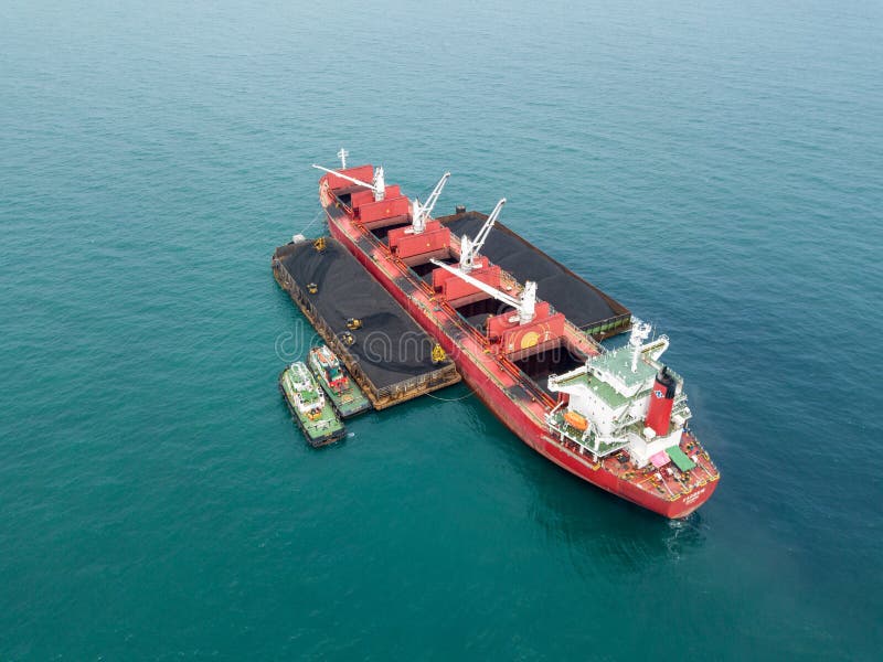 Oading Coal on Bulk Vessel Ship in Offshore Cargo Port. Aerial Top View ...