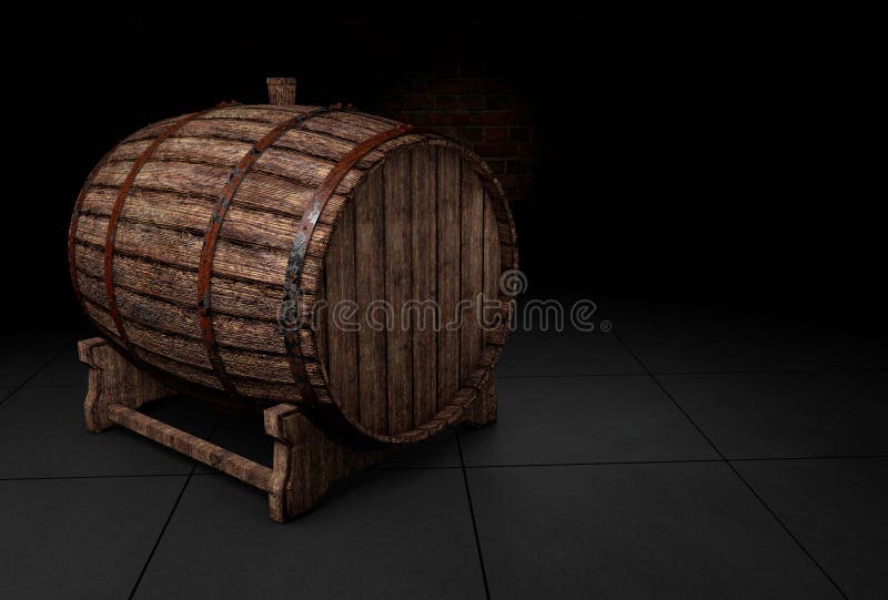 Oak Barrel in a Dark Basement. 3D Render Stock Illustration ...