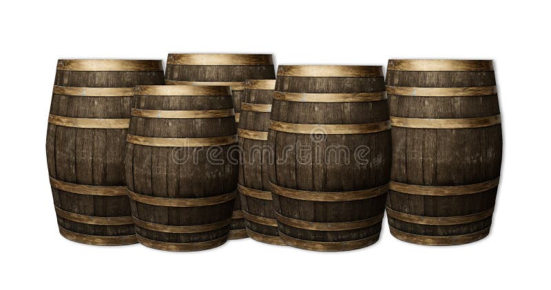 Oak Barrel Group Dark Brown with Steel Rings on Isolated Background ...